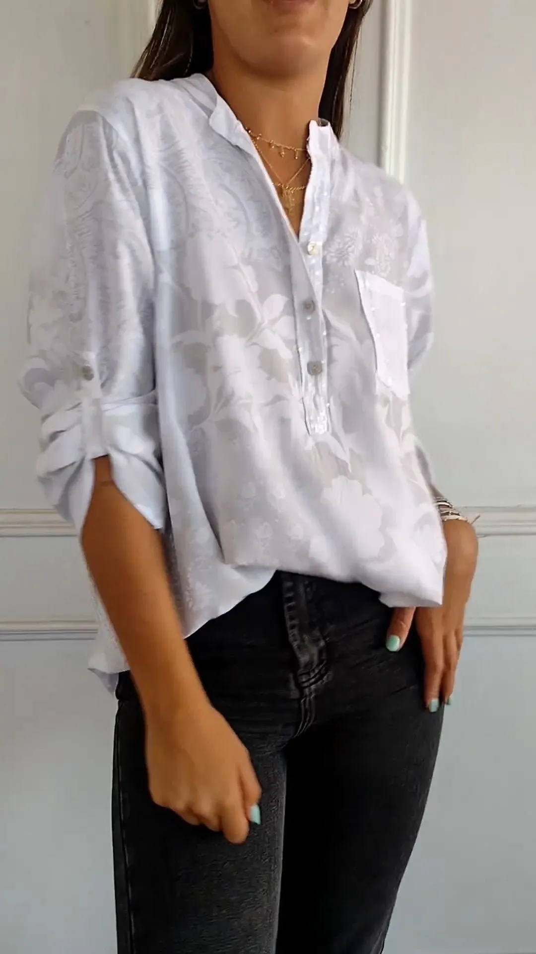 V-neck Half-button Printed Top (buy 2 free shipping )