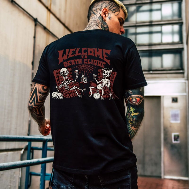 WELCOME TO DEATH CLIQUE Skull Black Print T-shirt