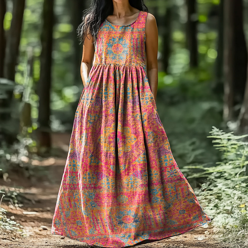 Women's Retro Ethnic Totem Art Print Crew Neck Sleeveless Cotton Pocket ...