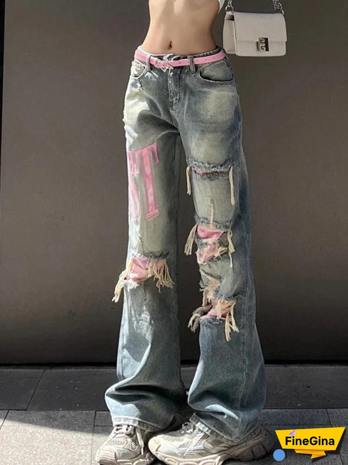 FineGina Y2K Pink Ripped Embroidery Boyfriend Jeans