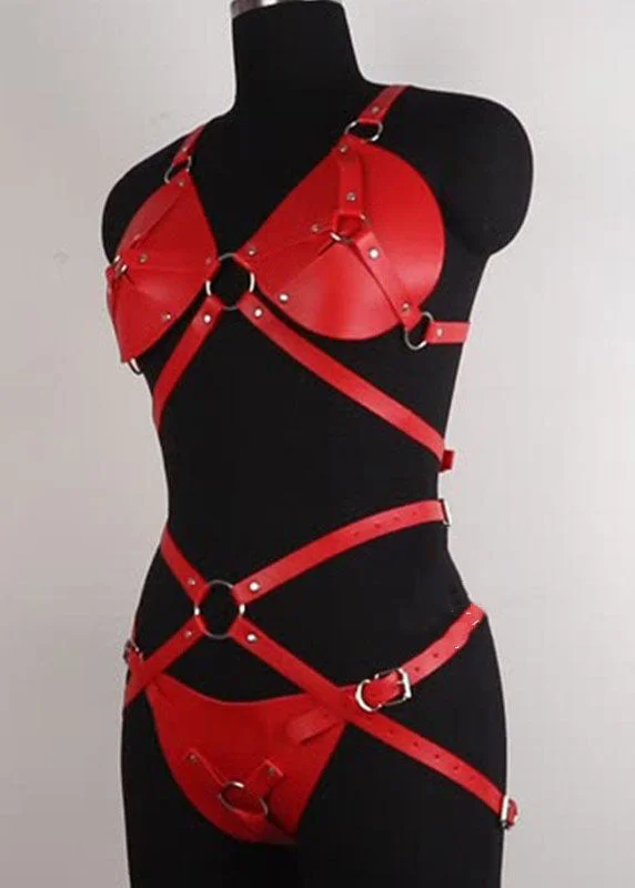 Club Red Backless Corset With Cross Open Three Point Binding Lingerie Set