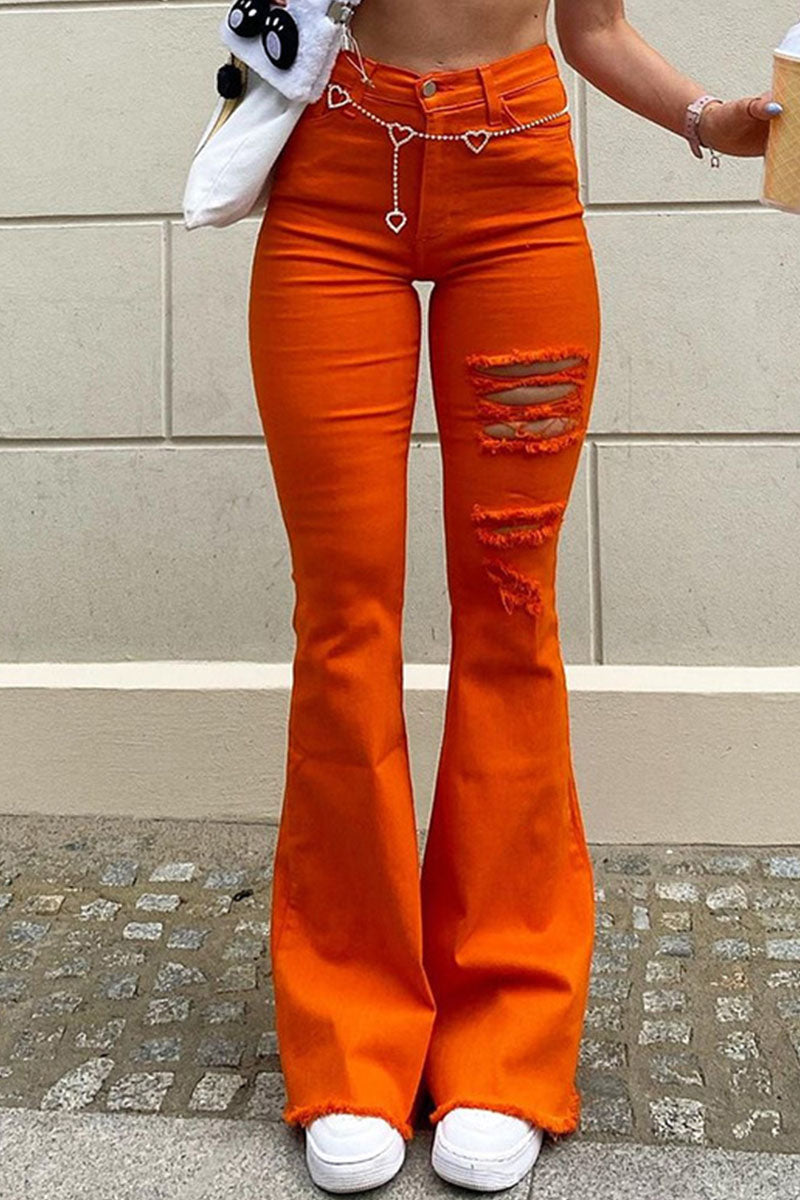 Street Solid Ripped Split Joint High Waist Denim Jeans