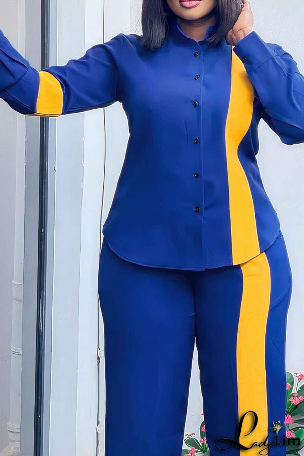 Two Tone Button Down Shirt & Pants Set - Ladylim