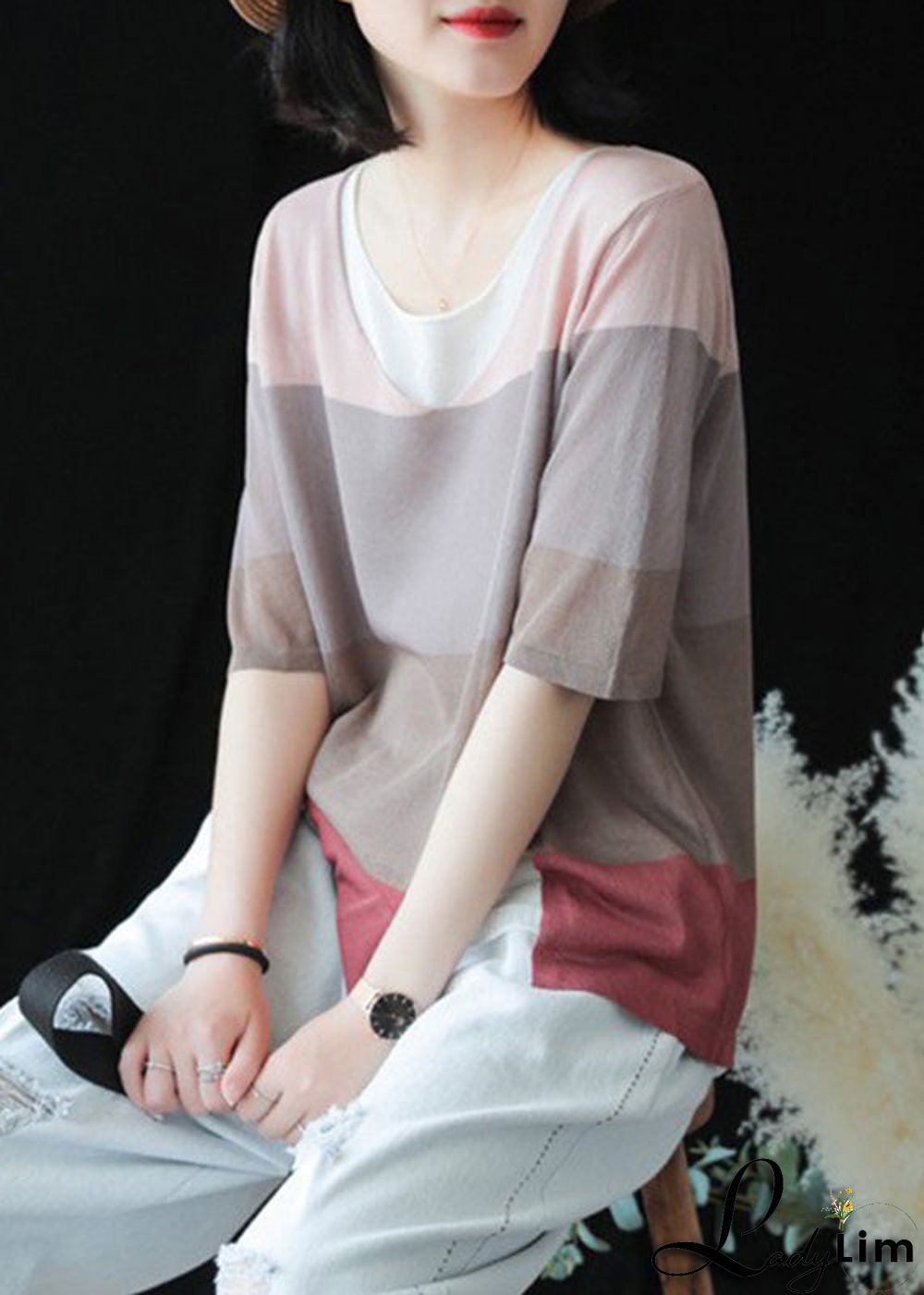 Casual O-Neck Striped Patchwork Ice Silk Top Short Sleeve - Ladylim
