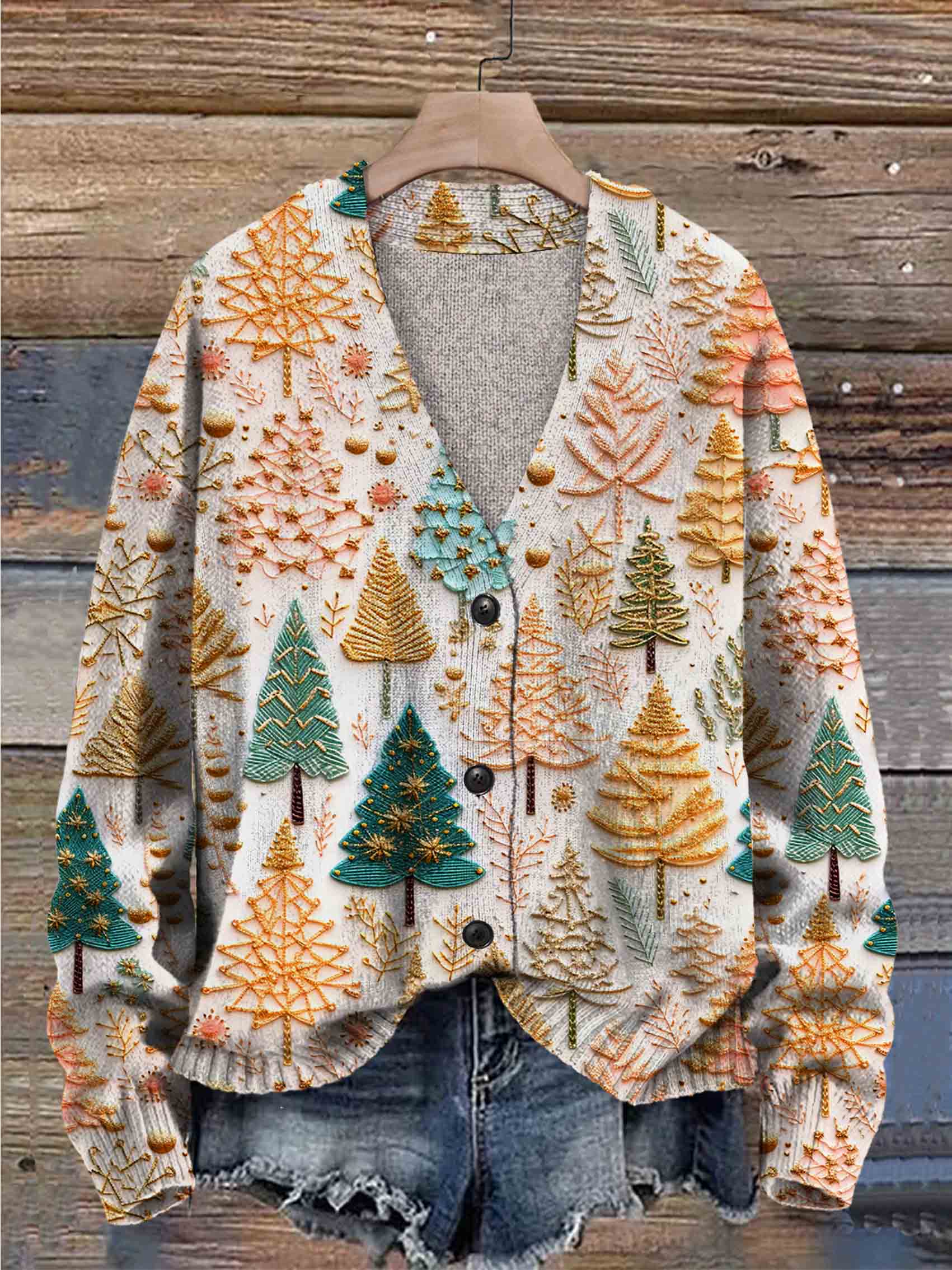 Christmas Trees Print Buttoned Cardigan Sweater