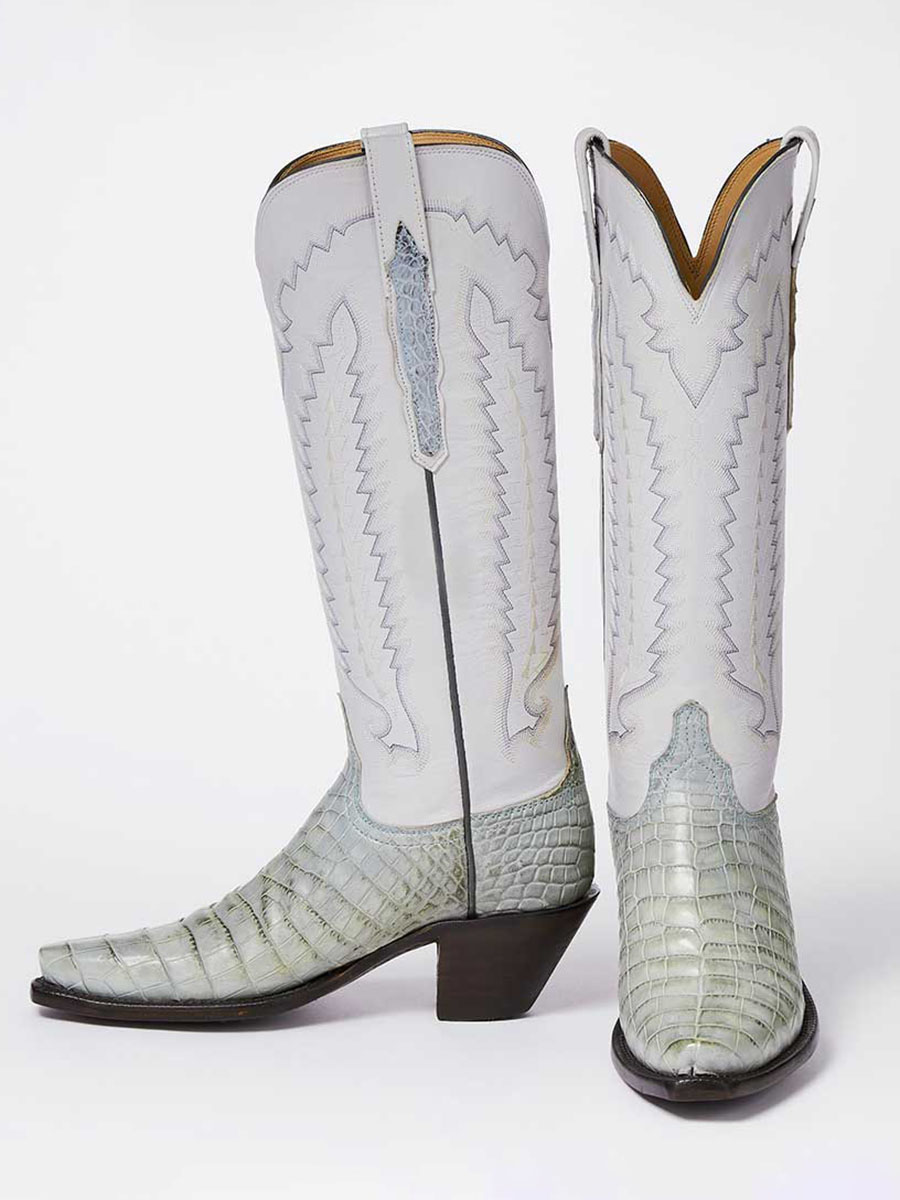 Grey Distressed Snip Toe Croc Embossed Wide Calf Knee Cowgirl Boots