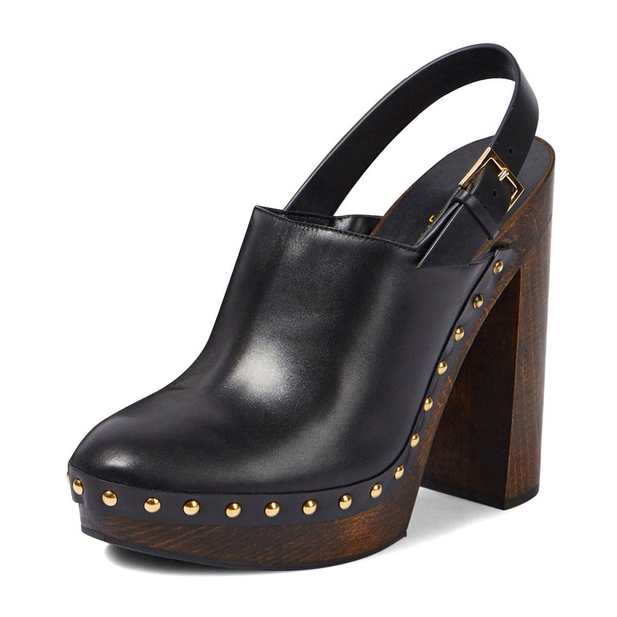 Classic Black Round Toe Studded Platform Slingback Clog Heels