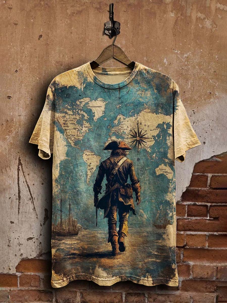 Vintage Nautical Print Casual Short Sleeve T-Shirt