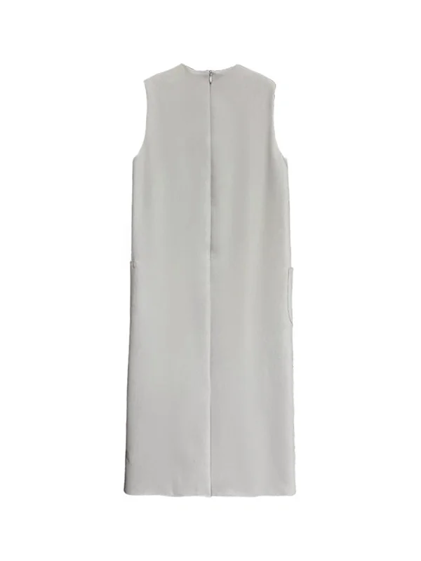 Elegant High-Waisted Midi Dress with Split-Back Design and Pockets"