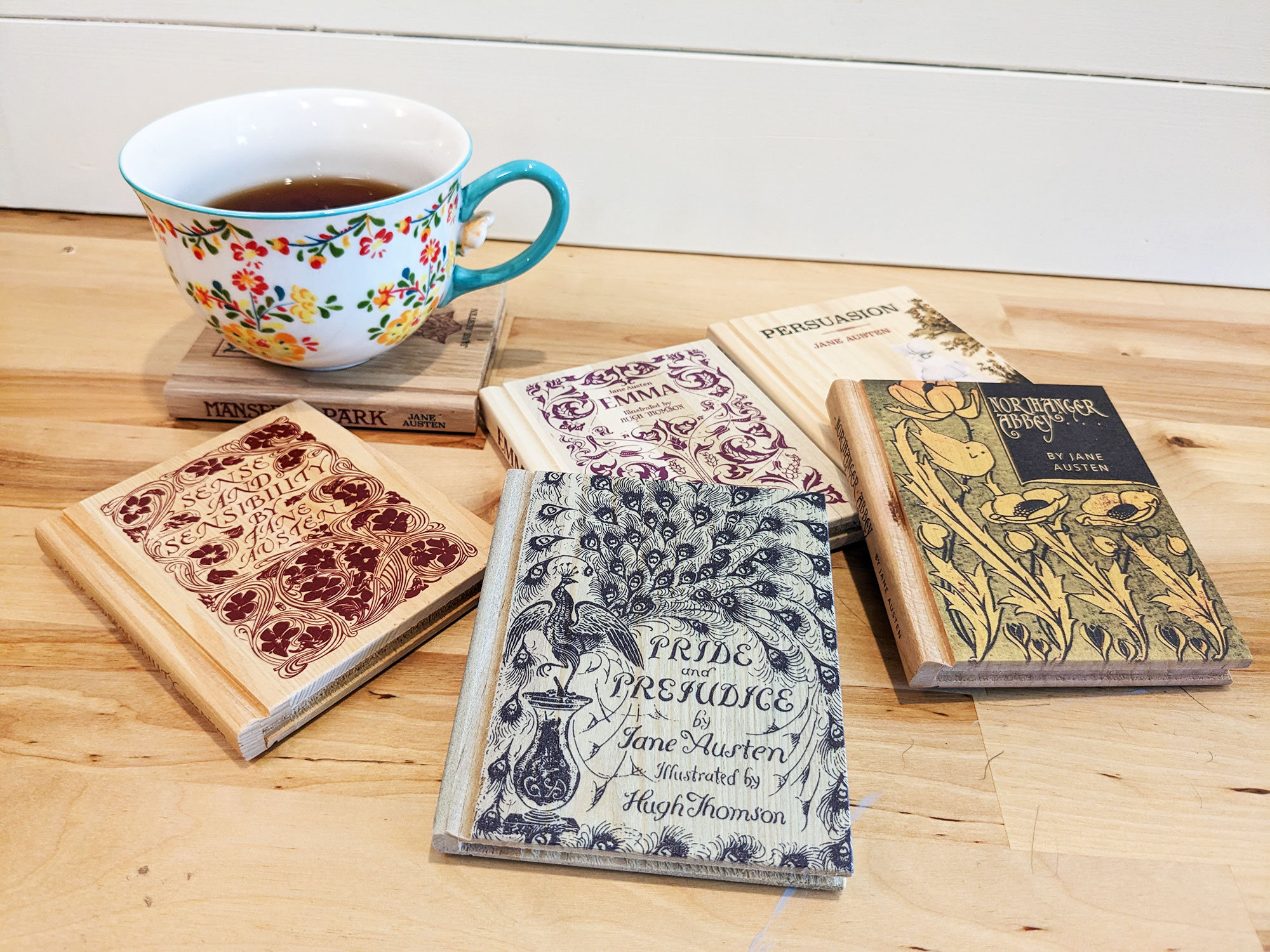 Jane Austen Reclaimed Wood Book Coaster Set（1 set of 6）