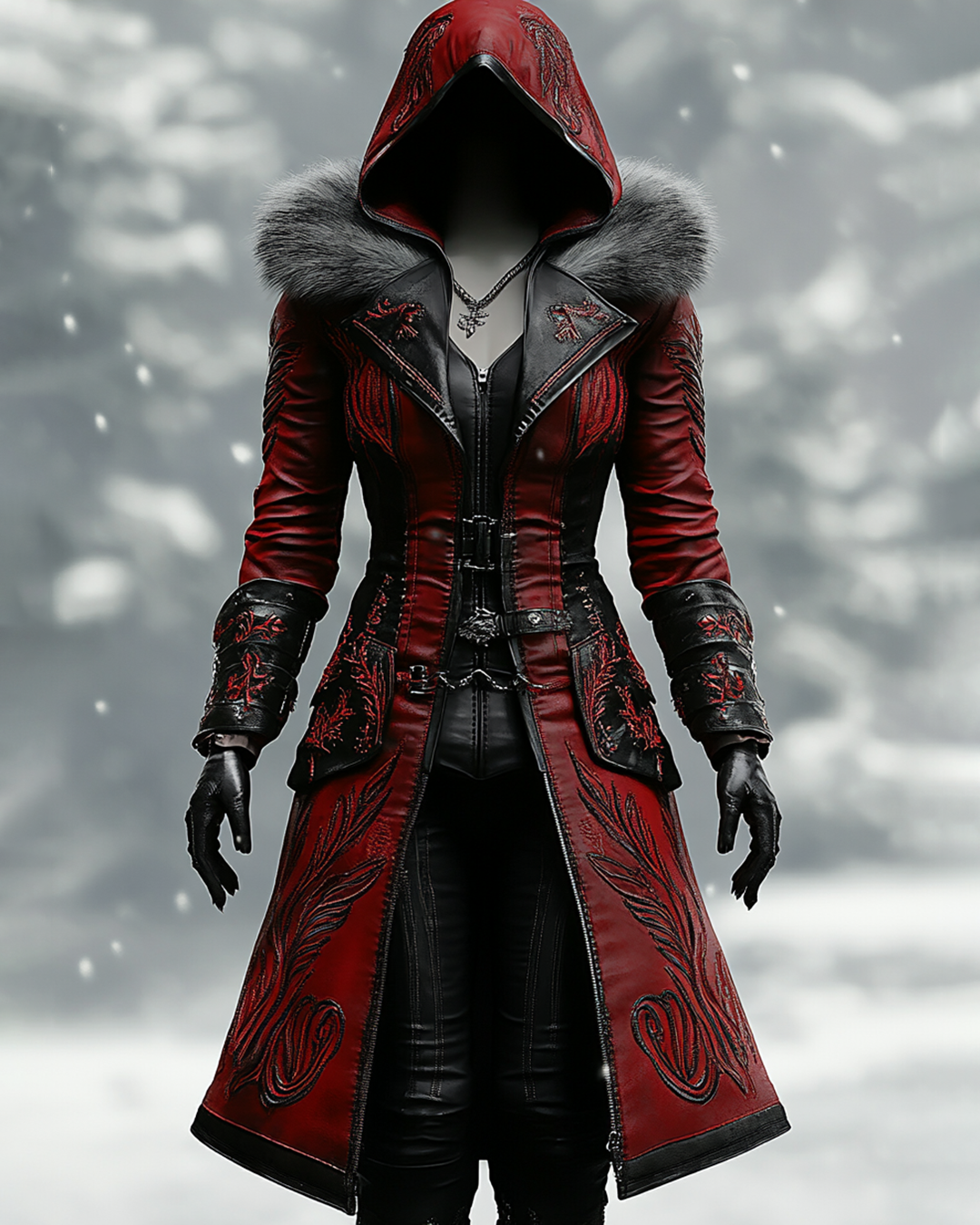 Women's Contrast-Color Embroidered Fur-Trim Hooded Leather Jacket7964