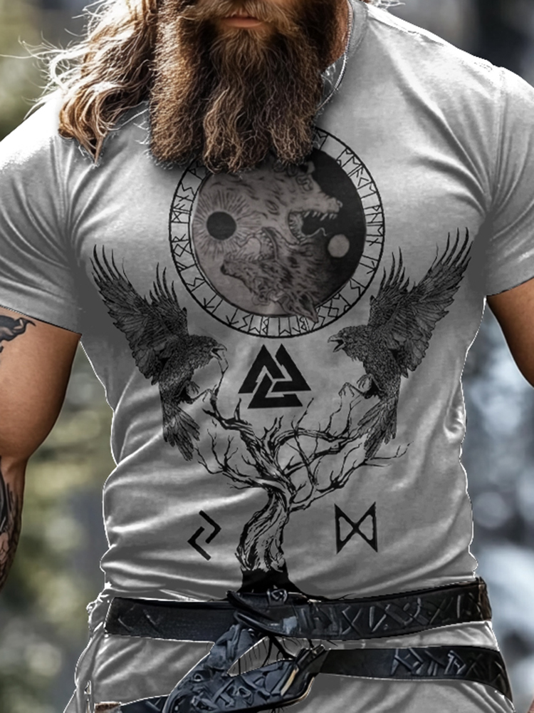 Men's Vintage Viking Rune Twin Wolf Print T-shirt