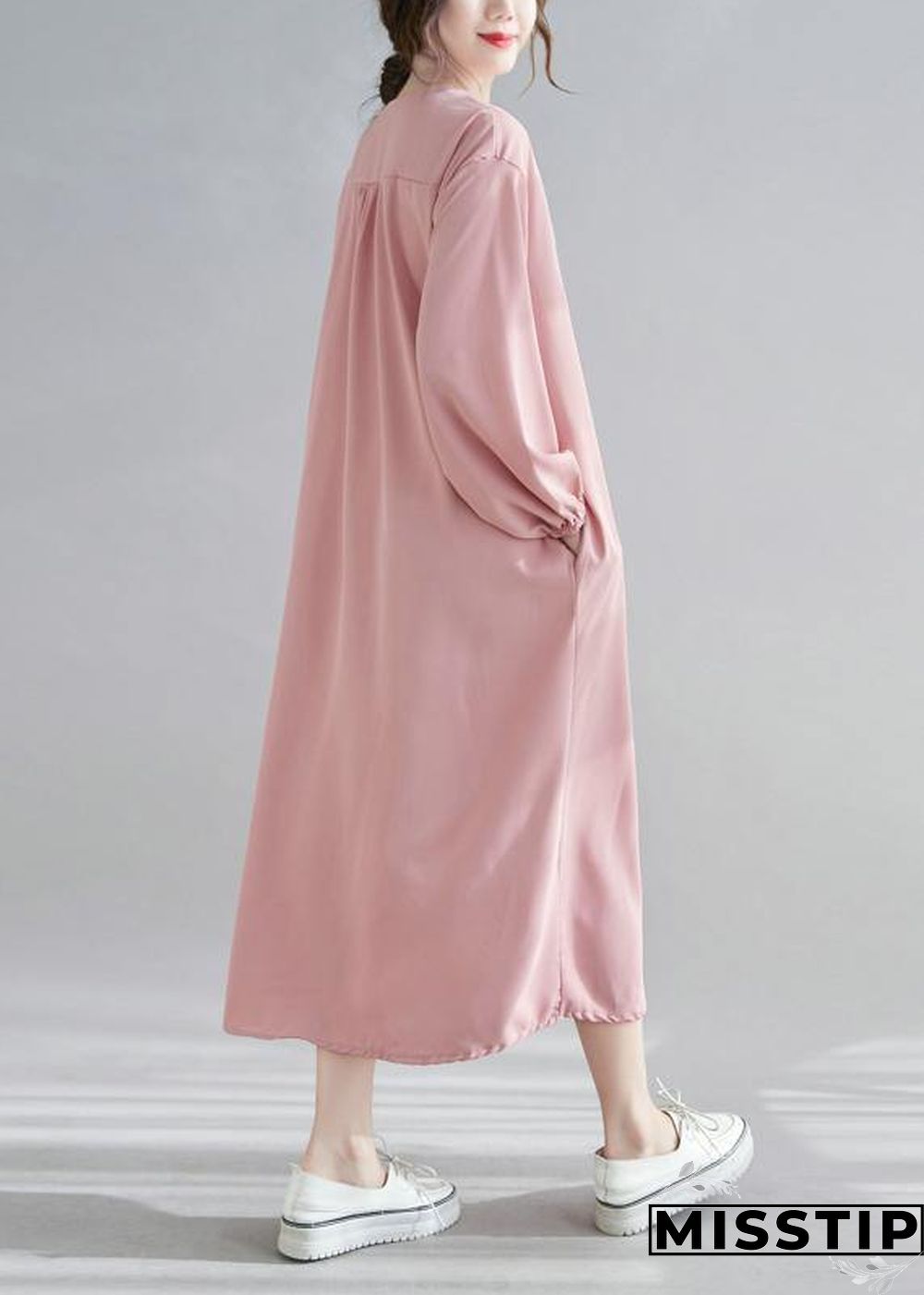 Simple V neck Drawstring Spring Tunics Pink Art Dress - MissTip