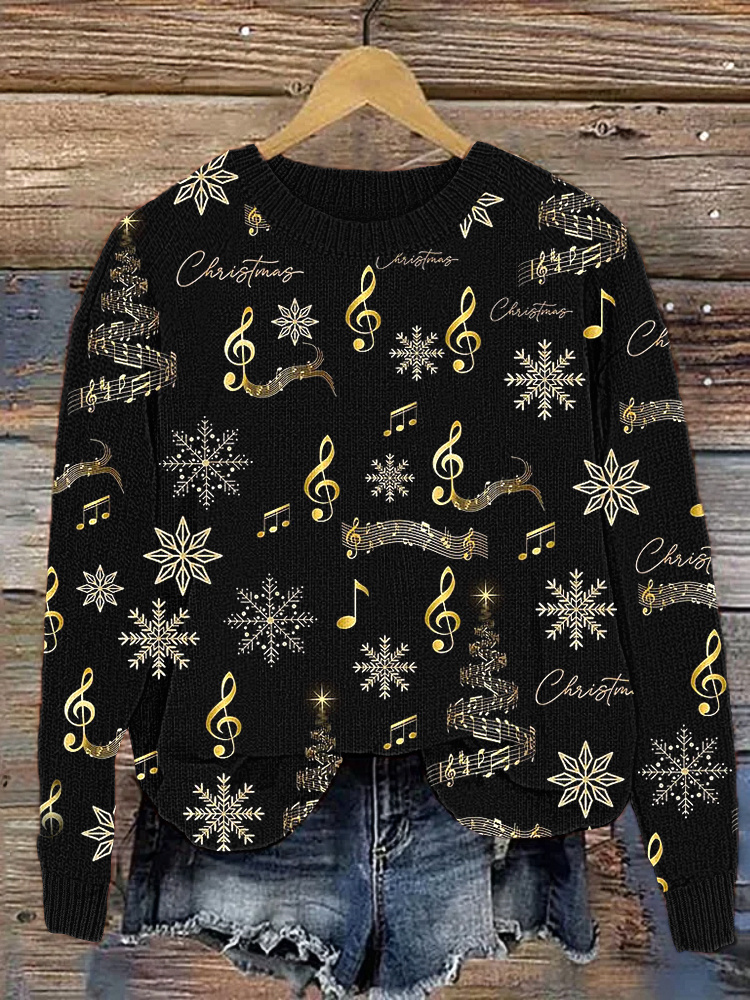 Gold Music Notes Snowflake Christmas Cozy knit Sweater