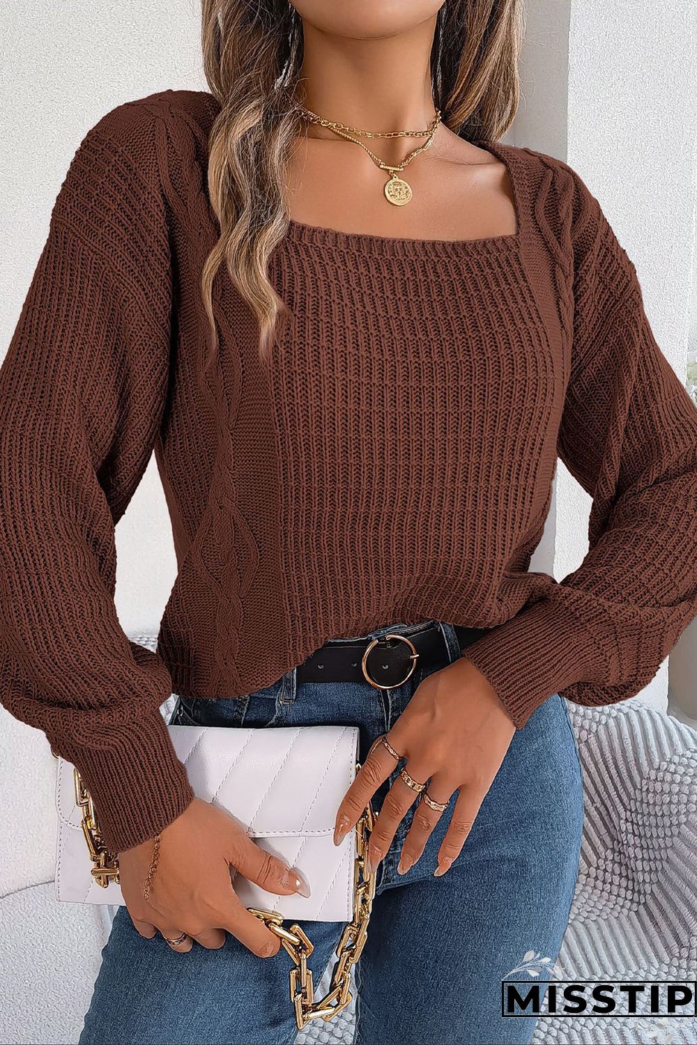 Coffee Cable Knit Mixed Textured Square Neck Sweater - MissTip