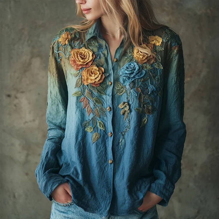 Vintage Roses Embroidered Gradient Linen Shirt