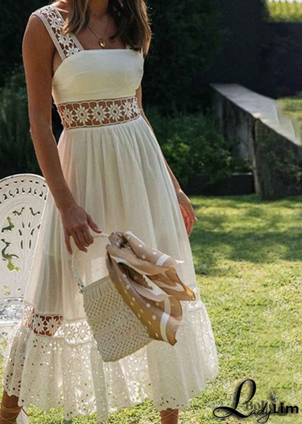 White Lace Backless Boho Maxi Dress Brynlee - Ladylim