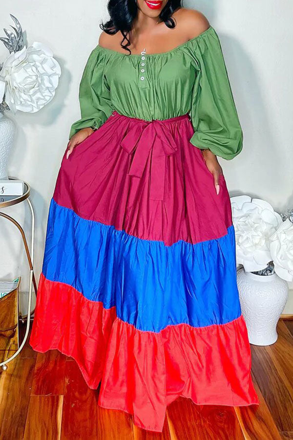 Color Block Casual Maxi Dress (With Belt)