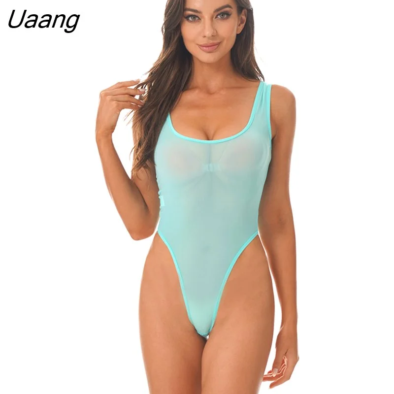 Uaang Womens See Through Mesh Open Crotch Bodysuit High Cut Thong Leotard Swimsuit Lingerie Sexy ...