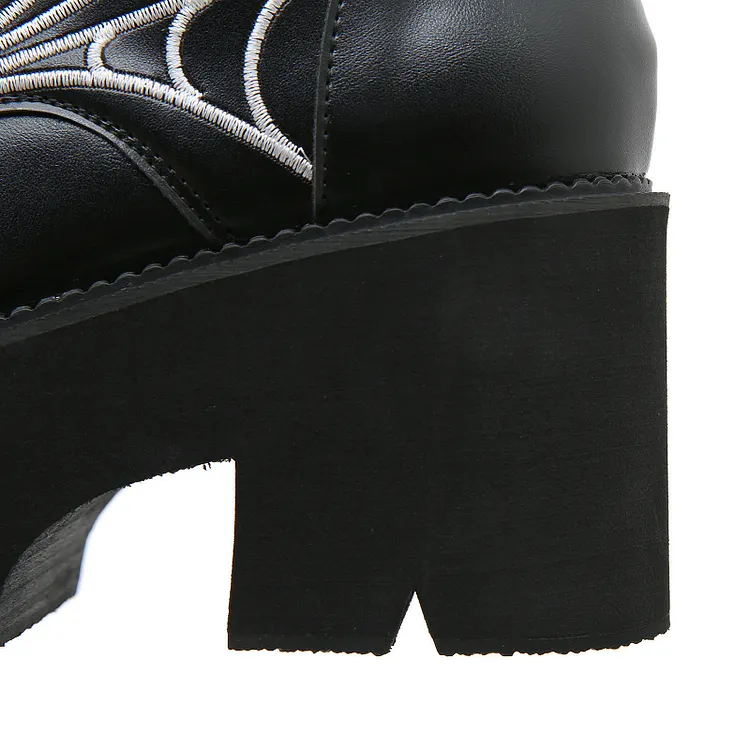 Gothic Spider Net Embroidered Lace Up Side Zipper Platform Boots