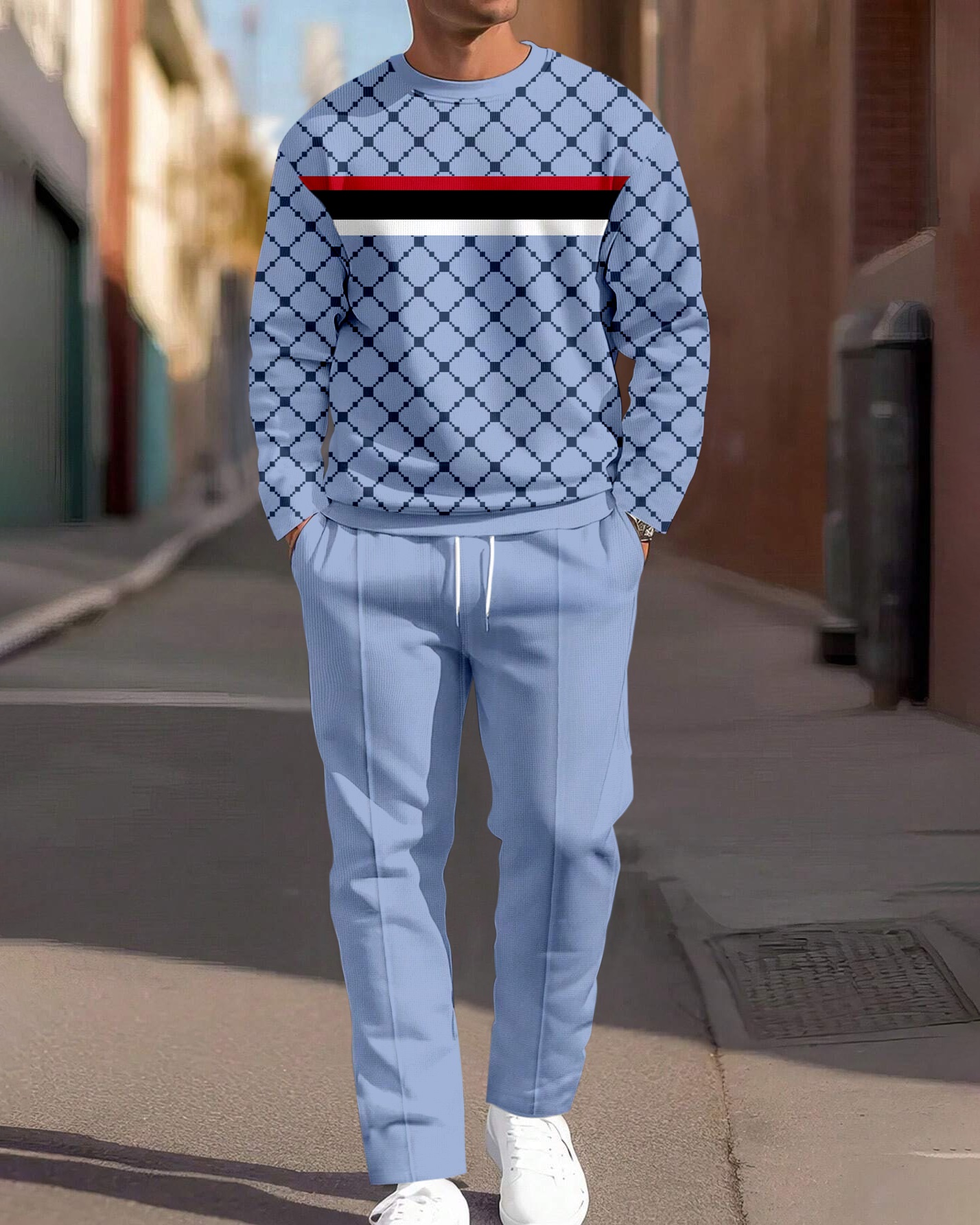 Men's Simple Colorblock Round Neck Casual Sports Set 0220