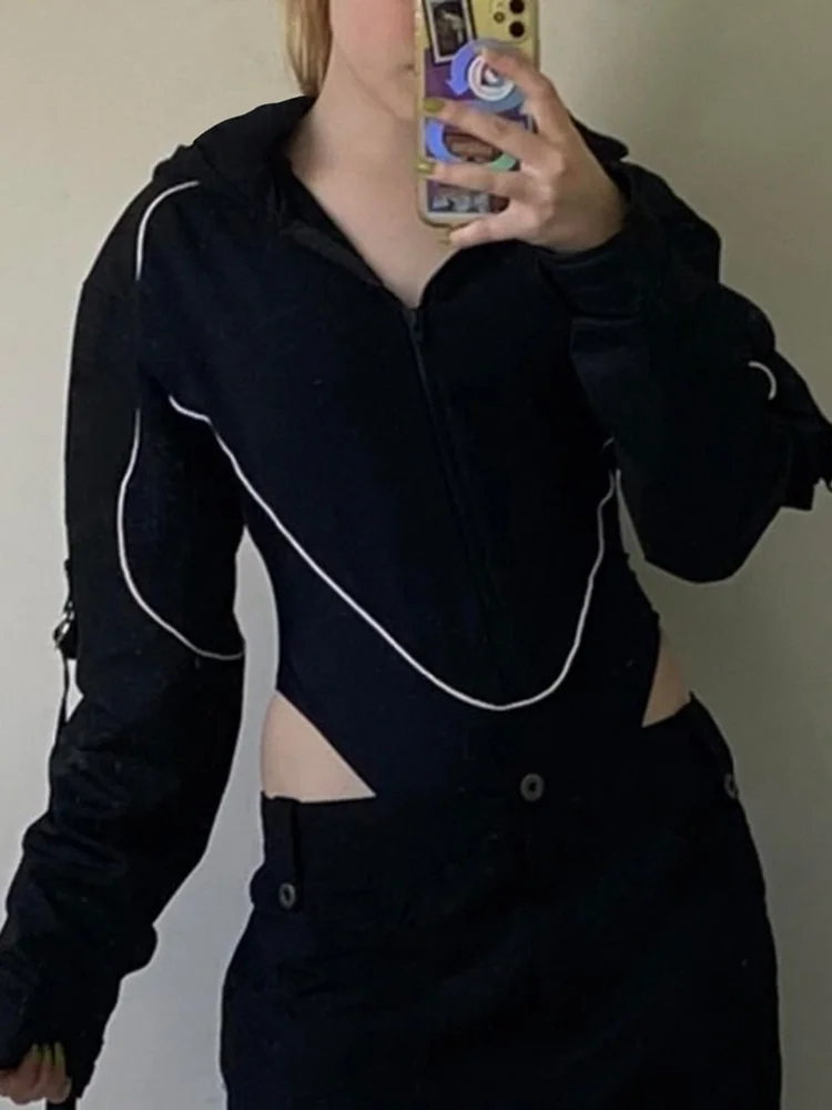 Uveng y2k Autumn Winter Hooded Bodysuit Zip Up Full Sleeve Bodycon ...