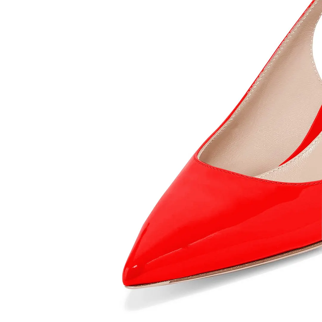 Red Pointed Toe Circular Buckle Kitten Heel Pumps with Slingback