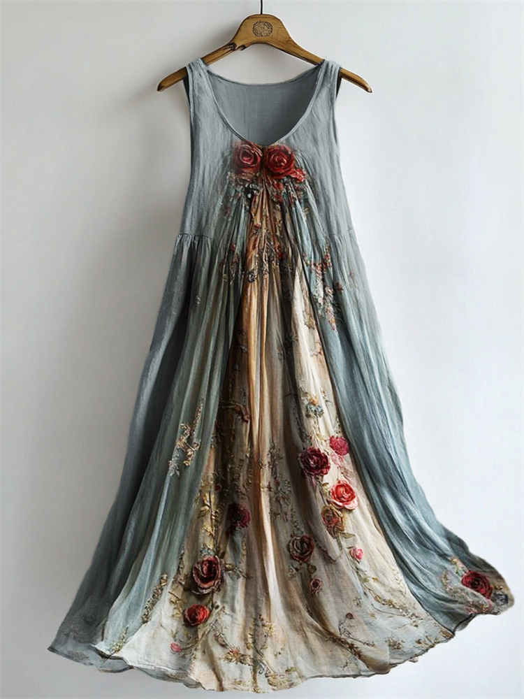 Vintage Roses Floral Flowy Linen Maxi Tank Dress