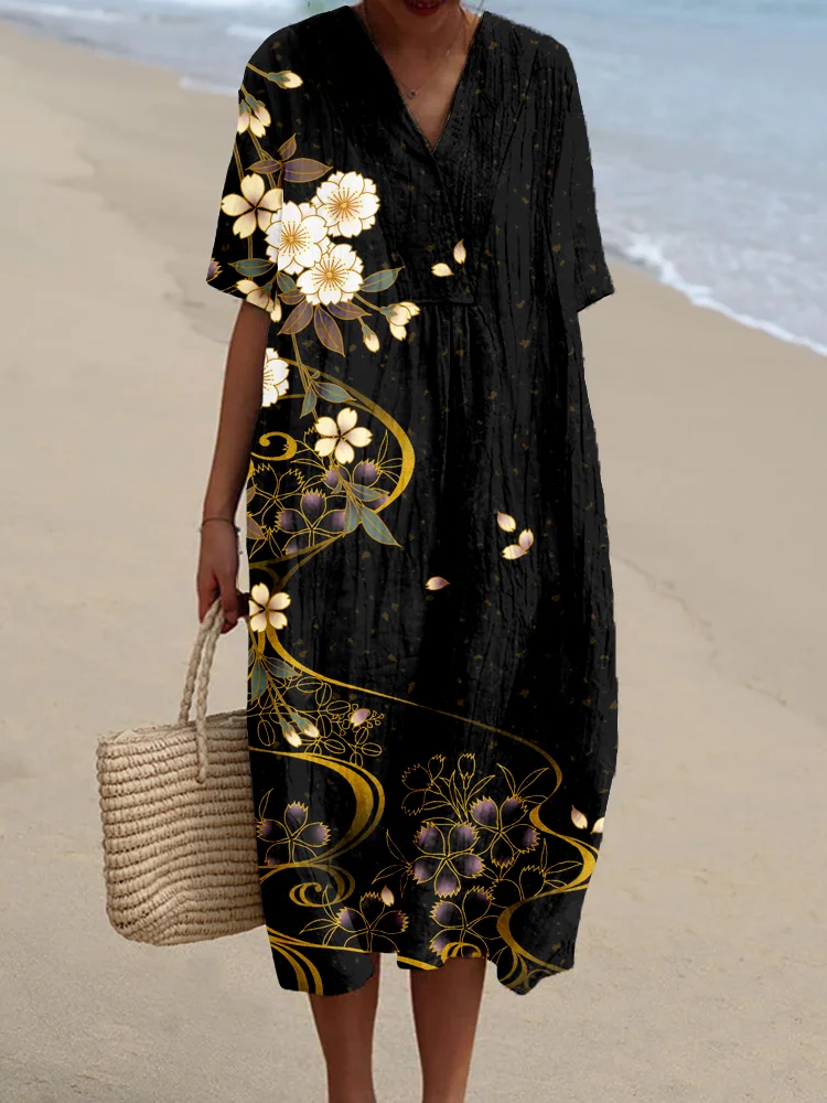 Japanese Cherry Blossoms Art Linen Blend Midi Dress