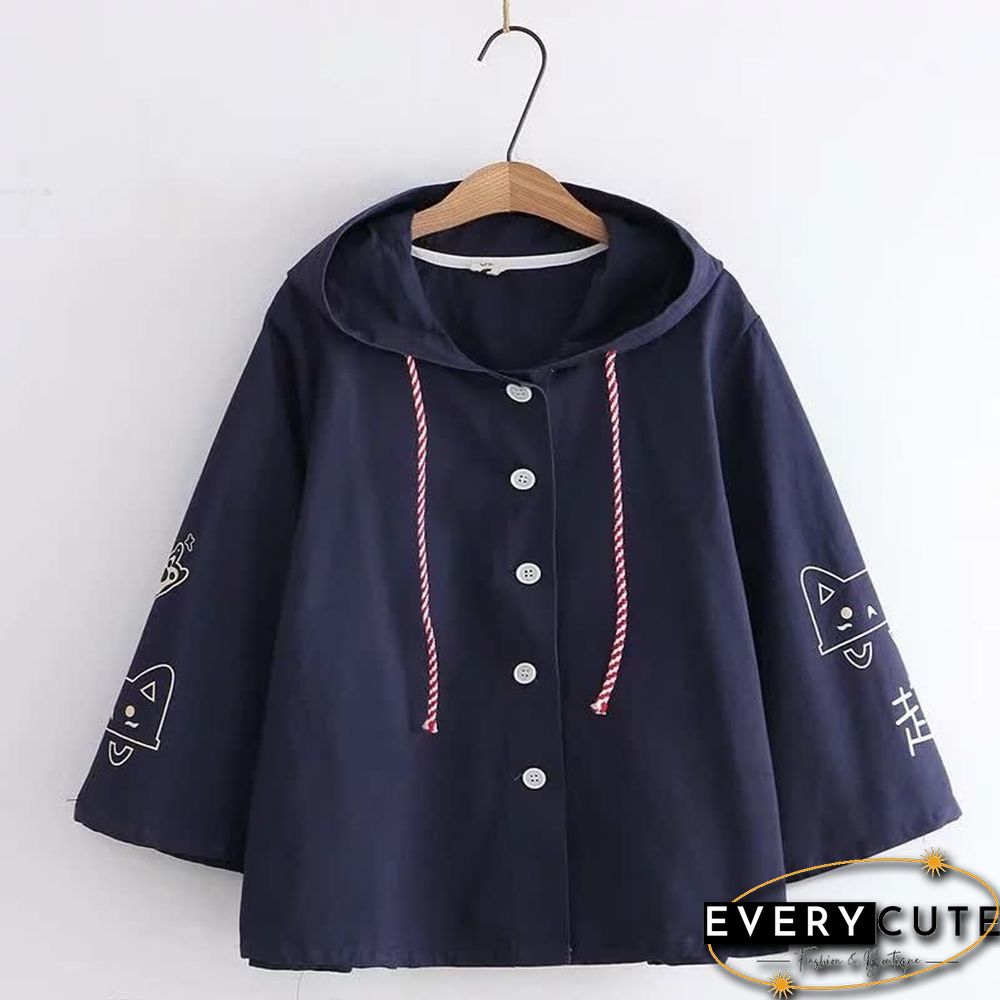 Japanese Kitty Print Cape Hooded Outerwear