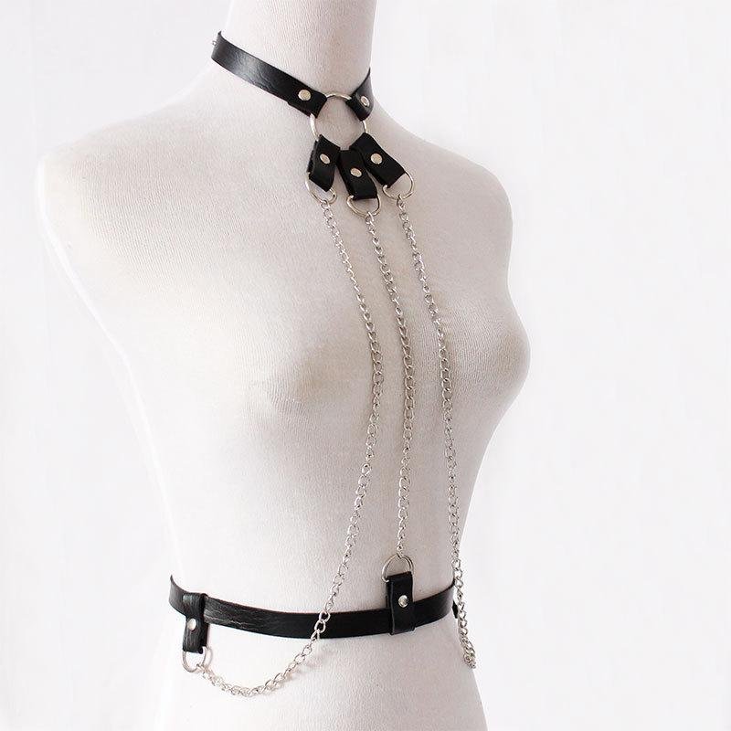 LEATHER HARNESS CHAIN BODY NECKLACE