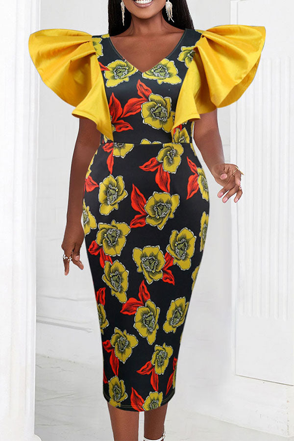 Floral Print Dramatic Cape Sleeve Midi Dress