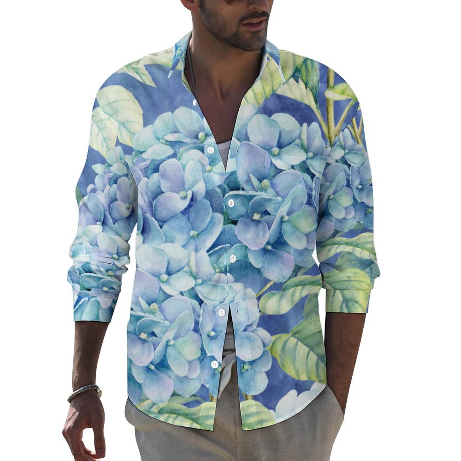 Beautiful Blue Hydrangea Flower | Men's Long Sleeve Beach Hawaiian ...