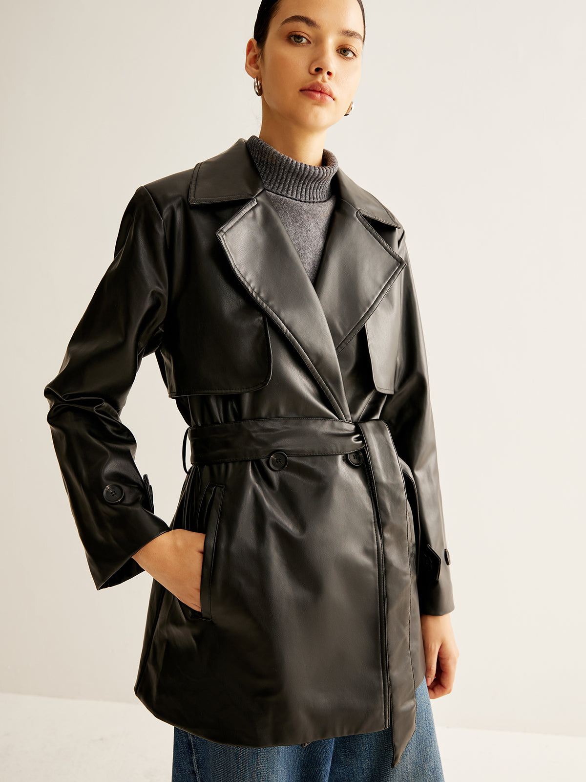Button Belted Faux Leather Jacket