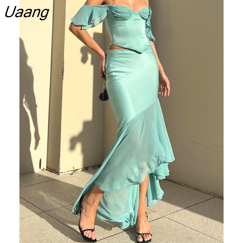 Uaang Sexy Two Piece Set For Women Outfit Fashion Ruffle Crop Top And ...