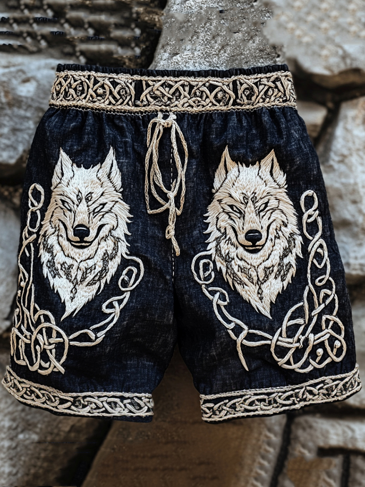 Dravoks Men's Retro Viking Celtic Wolf Print Linen Shorts