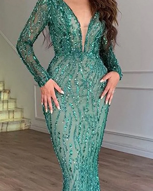 Women's Sexy Long sleeve Sequined Lace Fishtail Evening Dress S-XXL