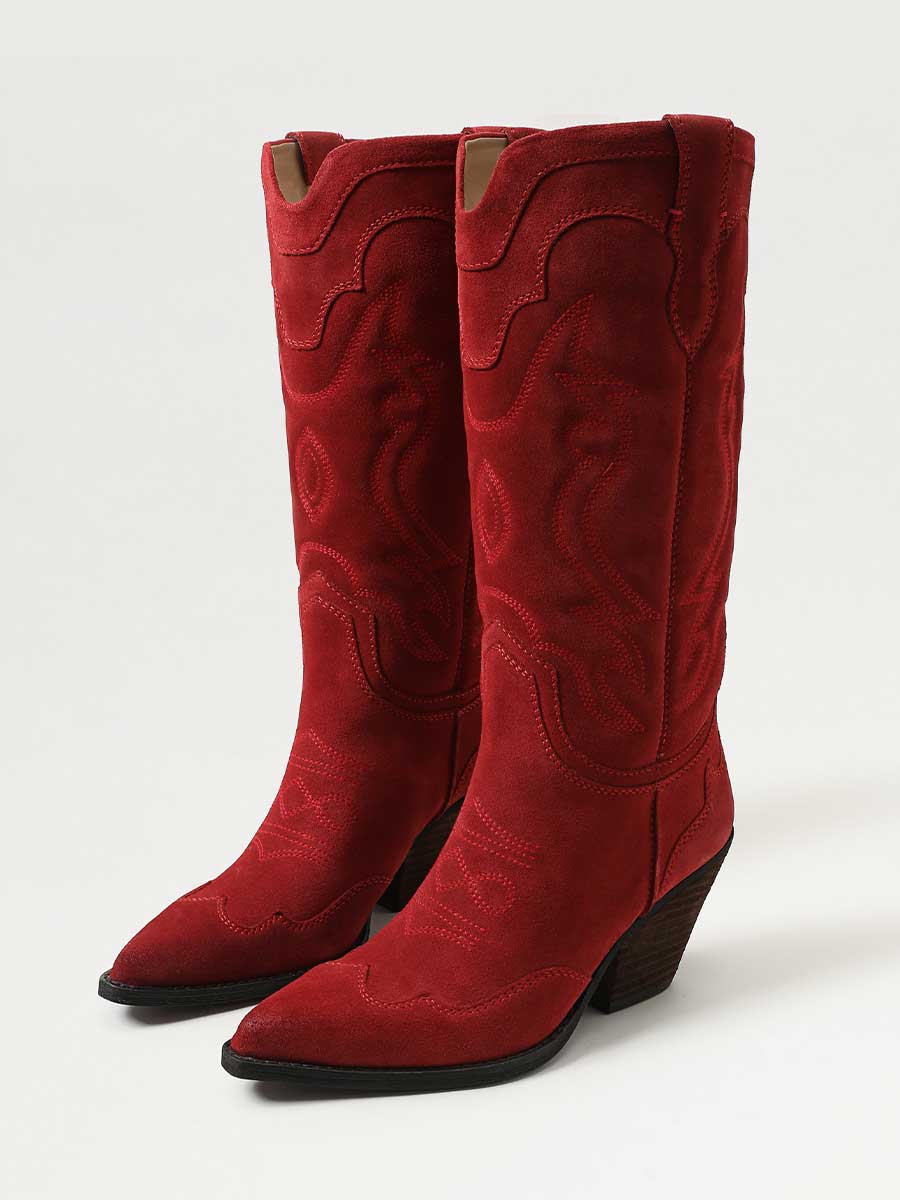 Red Pointed Toe Chunky Heel Wide Calf Cowgirl Boots with Embroidery