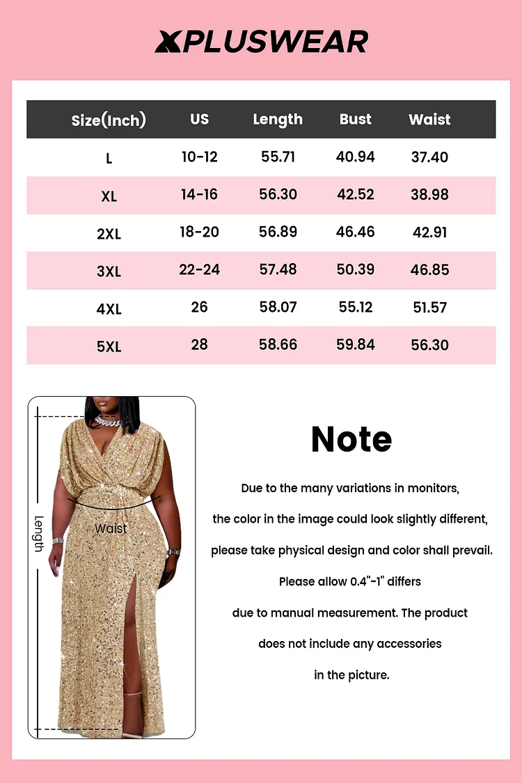 Xpluswear Design Plus Size Formal Gold V Neck Split Sequin Maxi Dresses - Xpluswear