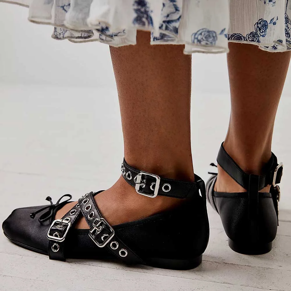 Black Square Toe Satin Ballet Flats with Criss-Cross Buckle Straps