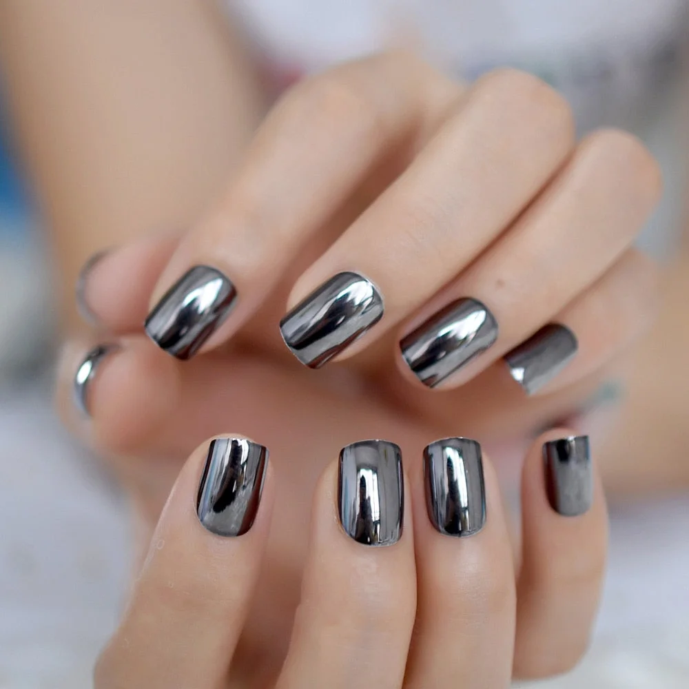 Dark Color Mirror Nails Medium Size Squoval Metallic False Nails Deep ...