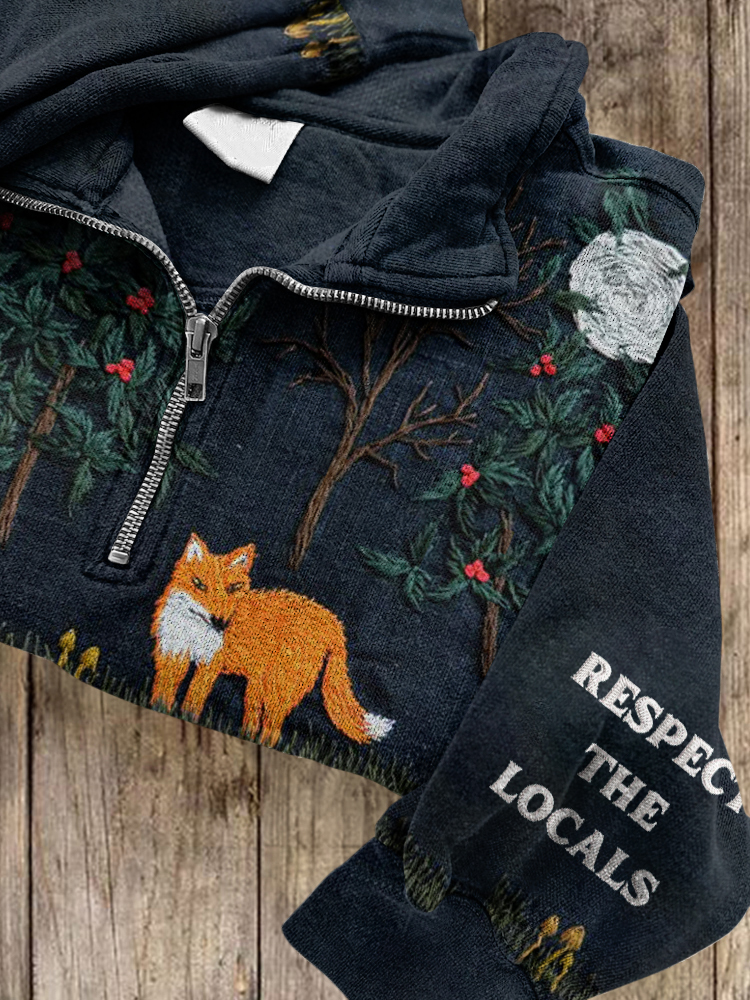 Vintage Respect The Locals Forest Wild Fox Embroidery Zipper Sweatshirt