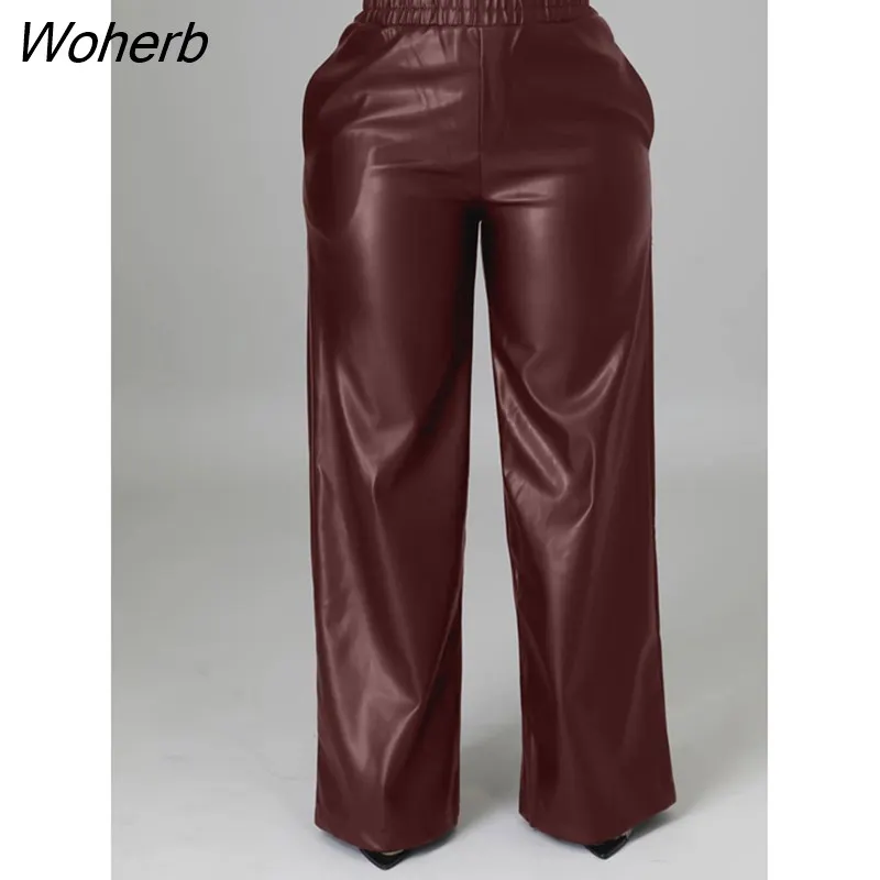 Woherb Women Faux Leather Straight High Waist PU Pants INS Elegant ...