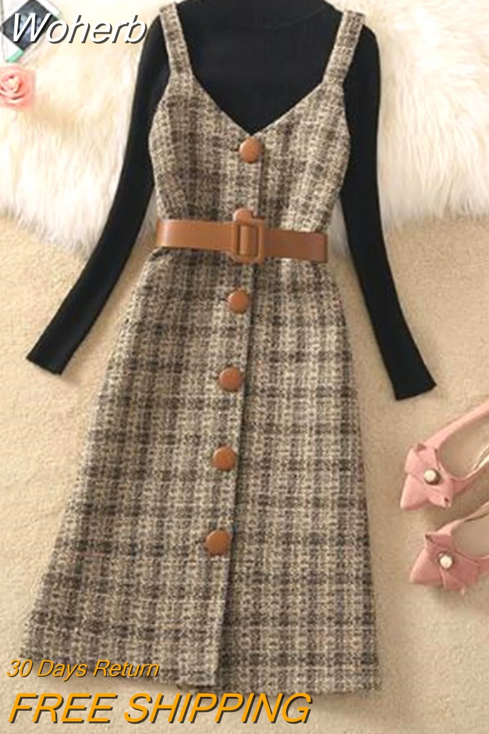 Woherb Piece Dress Set Women Autumn Winter Solid Base Sweater and ...