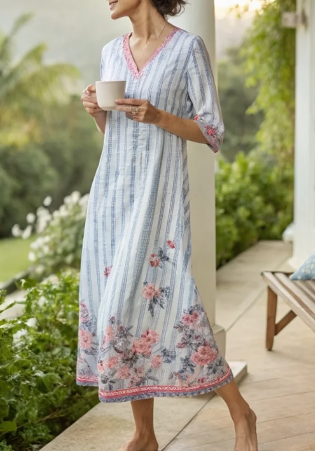 Blue Art Stripe Printed Cotton Nightdress