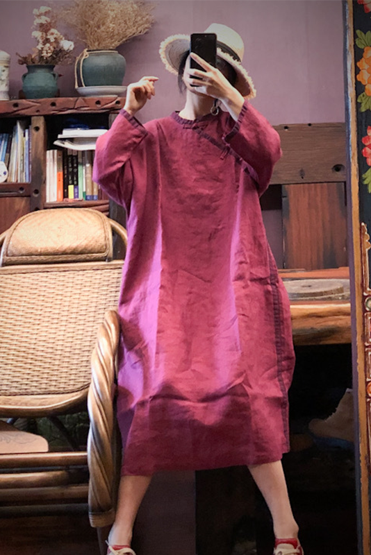 Rose Red Linen Distressed Contrasting Color Slanted Skirt Dress