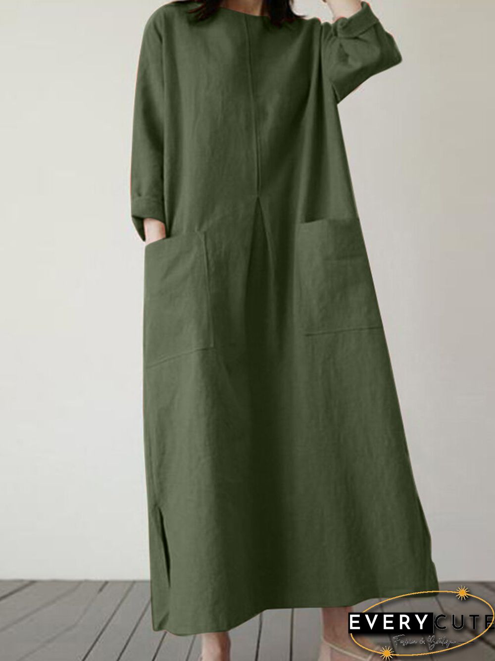 Solid Dual Pocket Slit Hem Crew Neck Vintage Dress | DealWithYou
