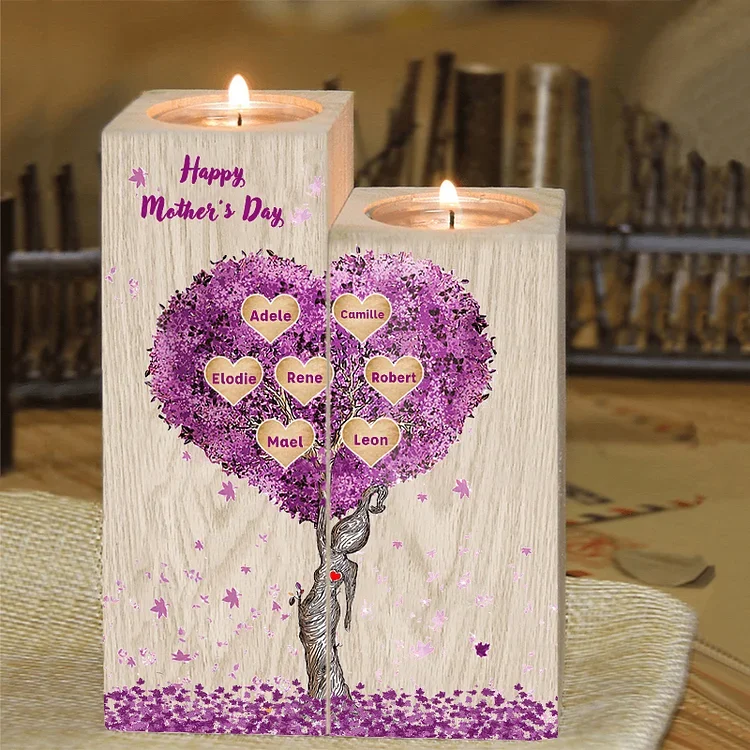 Personalised Family Tree Candle Holder Custom 7 Names Wooden Candlesticks