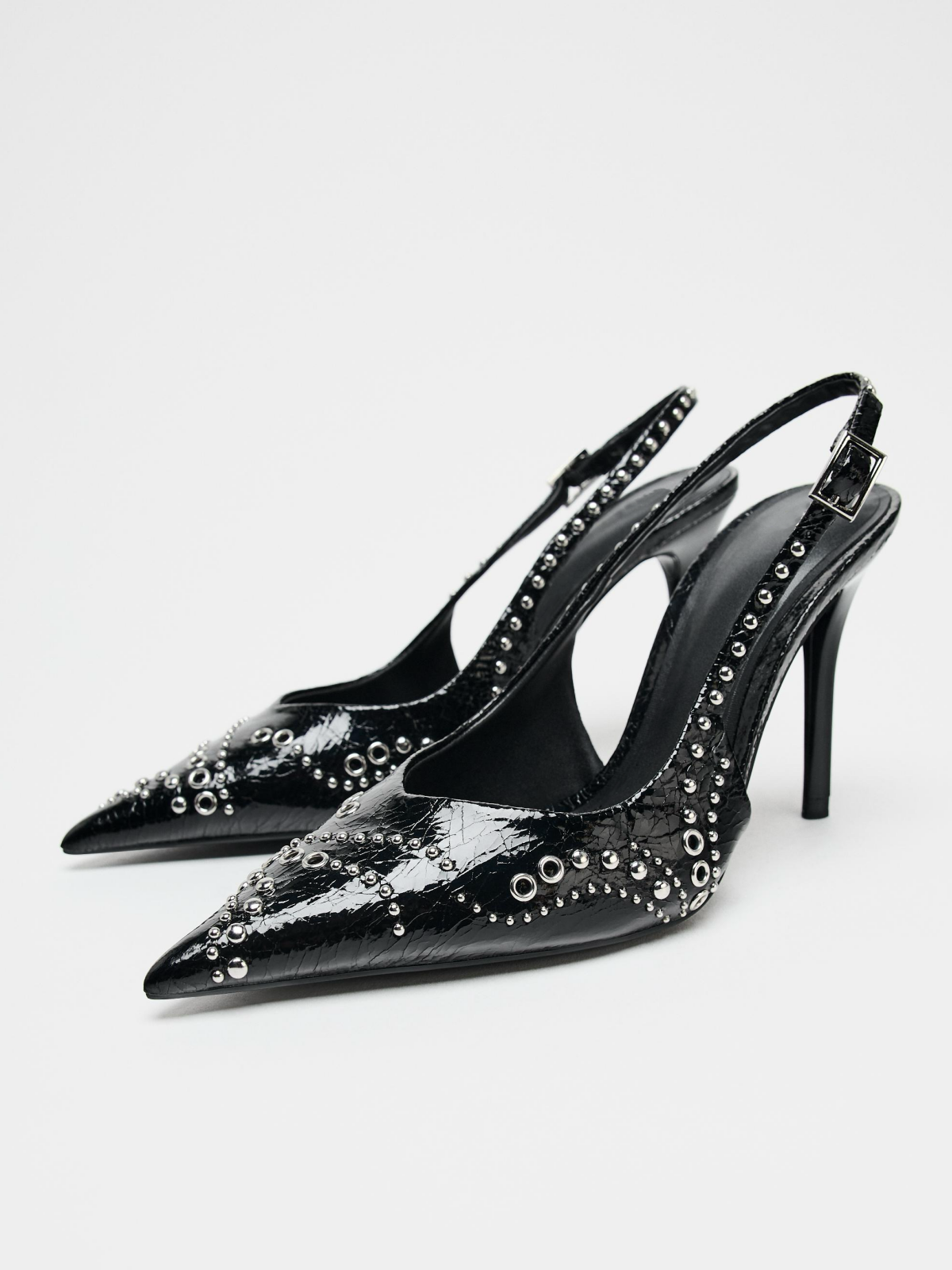 GOOSHOE Black Crack Patent Studded Pointed-Toe Classic Slingback Pump ...