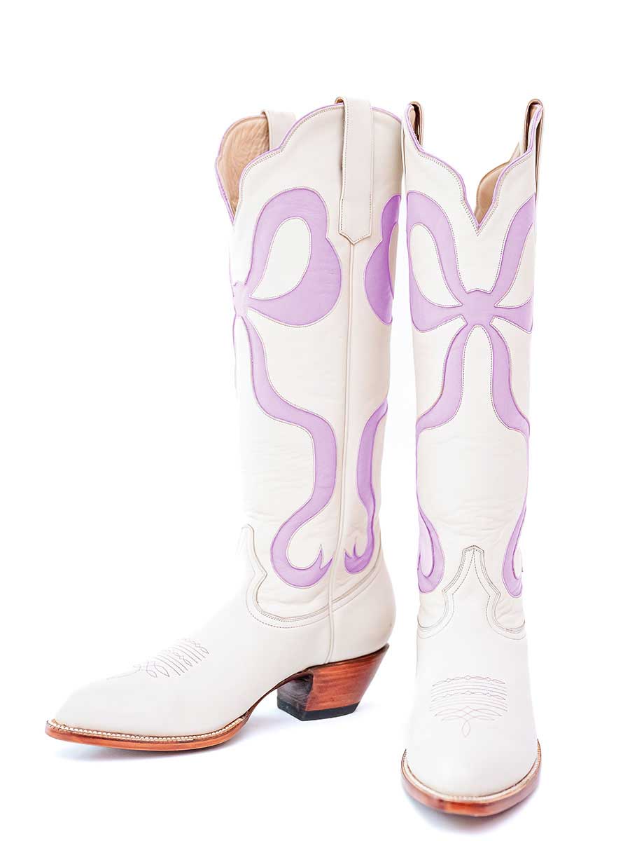Elegant White Chunky Heel Lavender Bow Inlay Cowboy Boots for Women